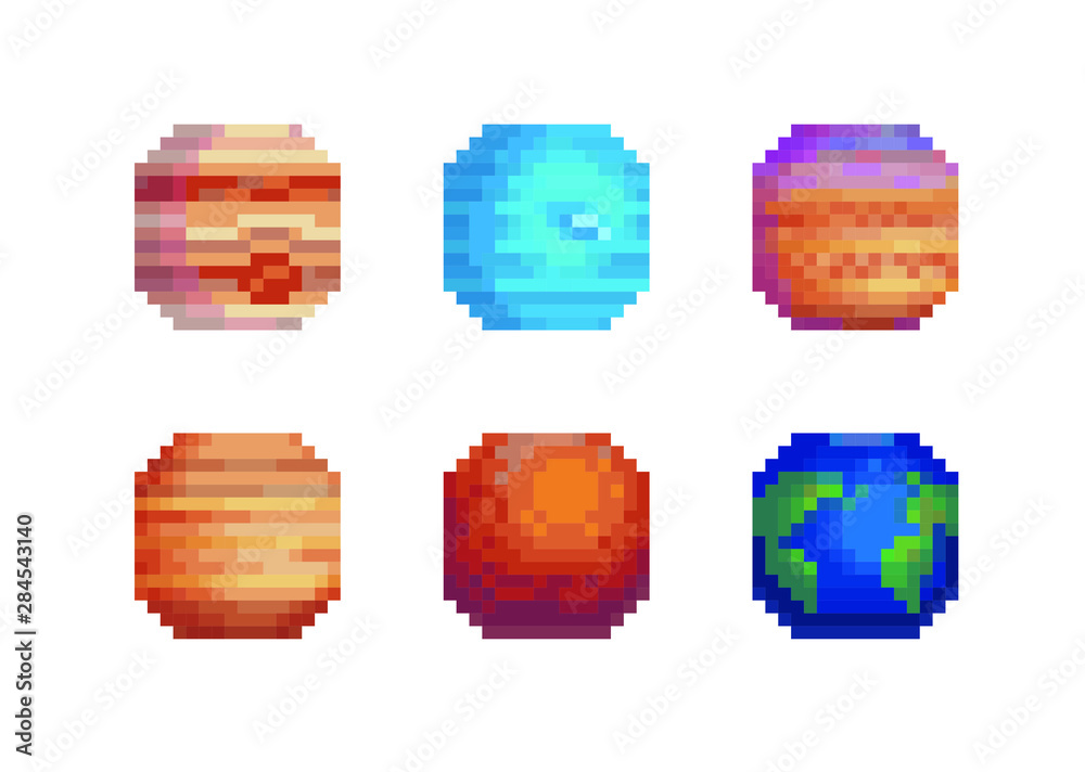 Stock-Vektorgrafik „Planets pixel art set. 80s video game sprites ...