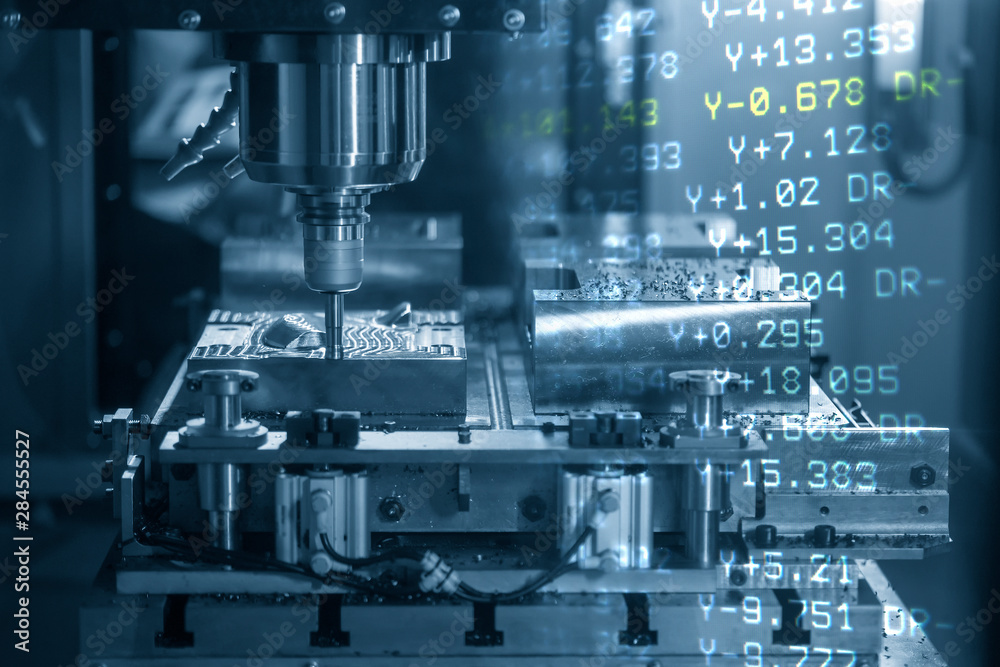 The abstract scene of the CNC machining center and the G-code data ...