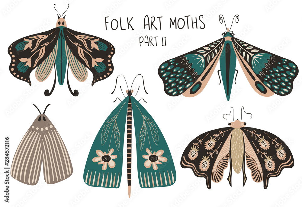 Set Of Folk Art Decorated Moths. Stock Vector | Adobe Stock