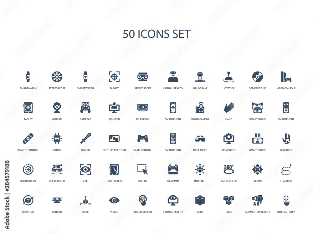 50 filled concept icons such as interactivity, augmented reality, cube ...