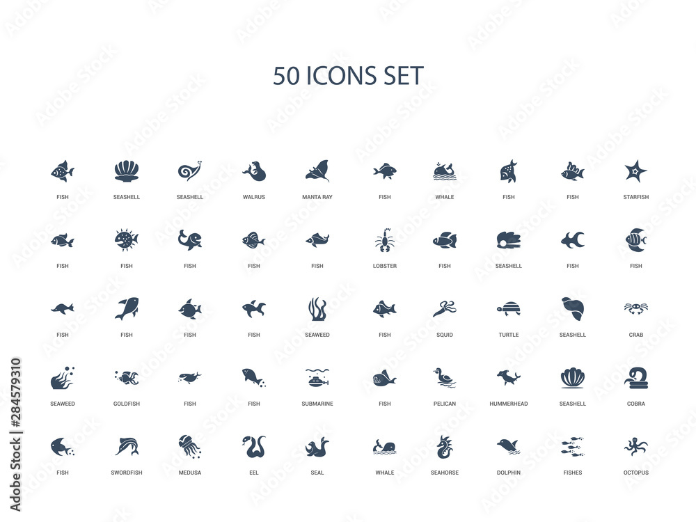 50 filled concept icons such as octopus, fishes, dolphin, seahorse ...