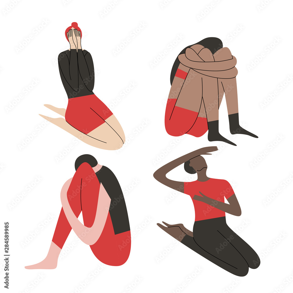 Men and women in depression sitting and crying with hands around his knees. Bundle of stressful ...