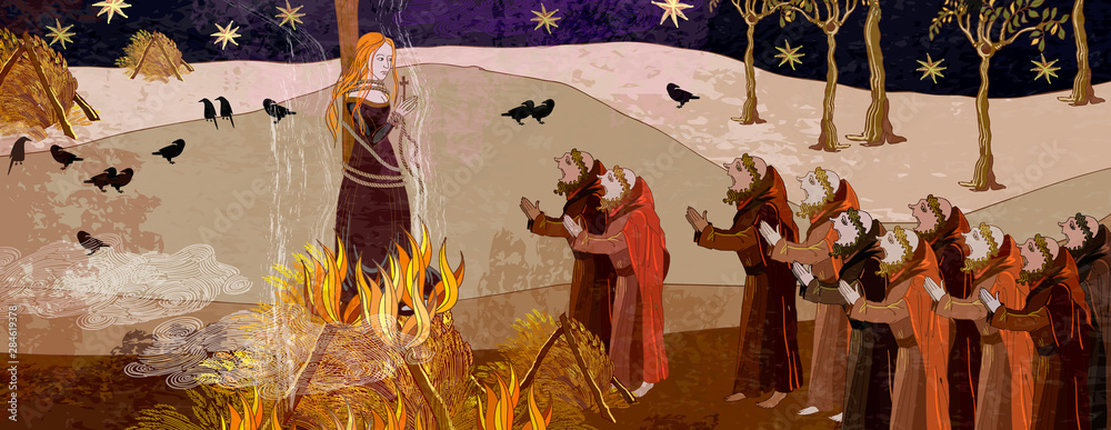 Medieval scene. Inquisition. Burning witches. Monks at a fire with the ...