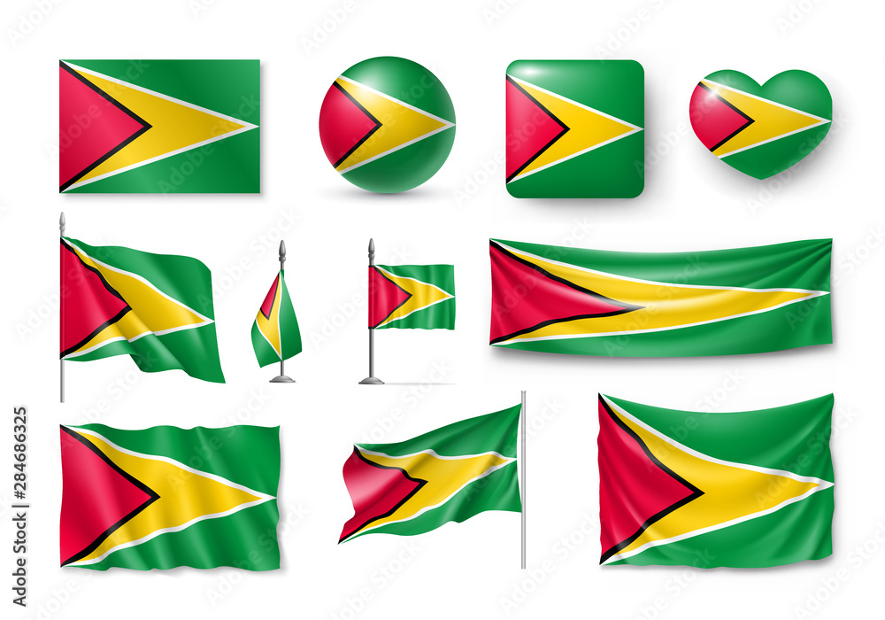 Various flags of Guyana independent country set. Realistic waving national flag on pole, table ...