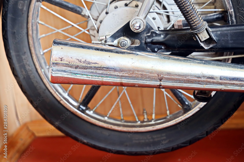 Different types of motorcycles, mopeds and their details, close-up view ...