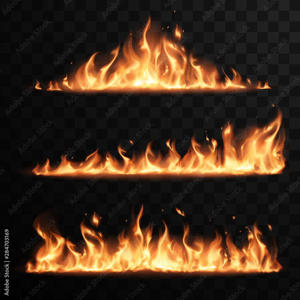 Realistic fire flames set on transparent black background Stock Vector ...
