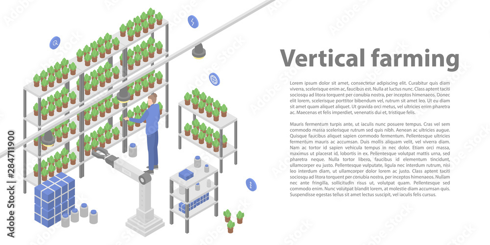 Vertical farming concept banner. Isometric illustration of vertical ...