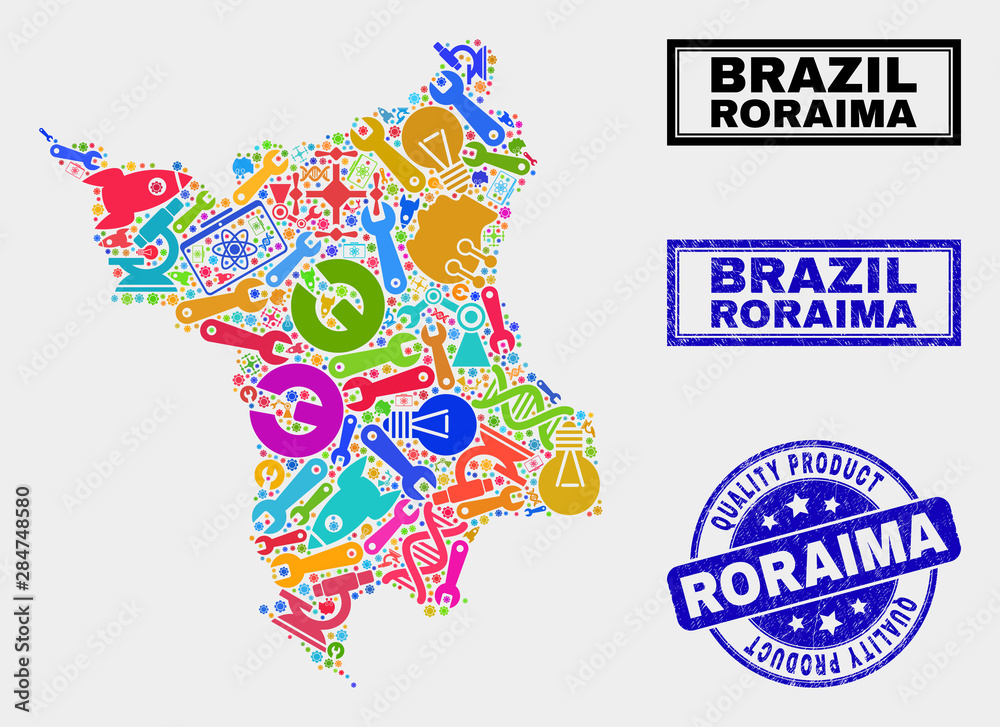 Vector composition of tools Roraima State map and blue seal for quality product. Roraima State ...