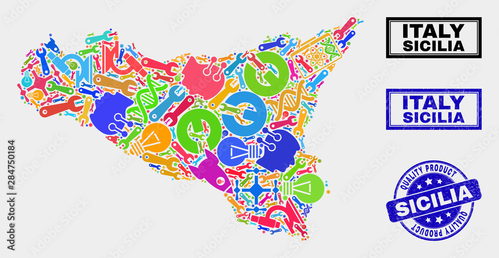 Vector collage of service Sicilia map and blue watermark for quality ...