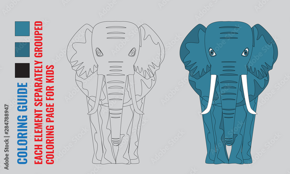 Cartoon and line art style elephant front view. Kids Learning Game ...