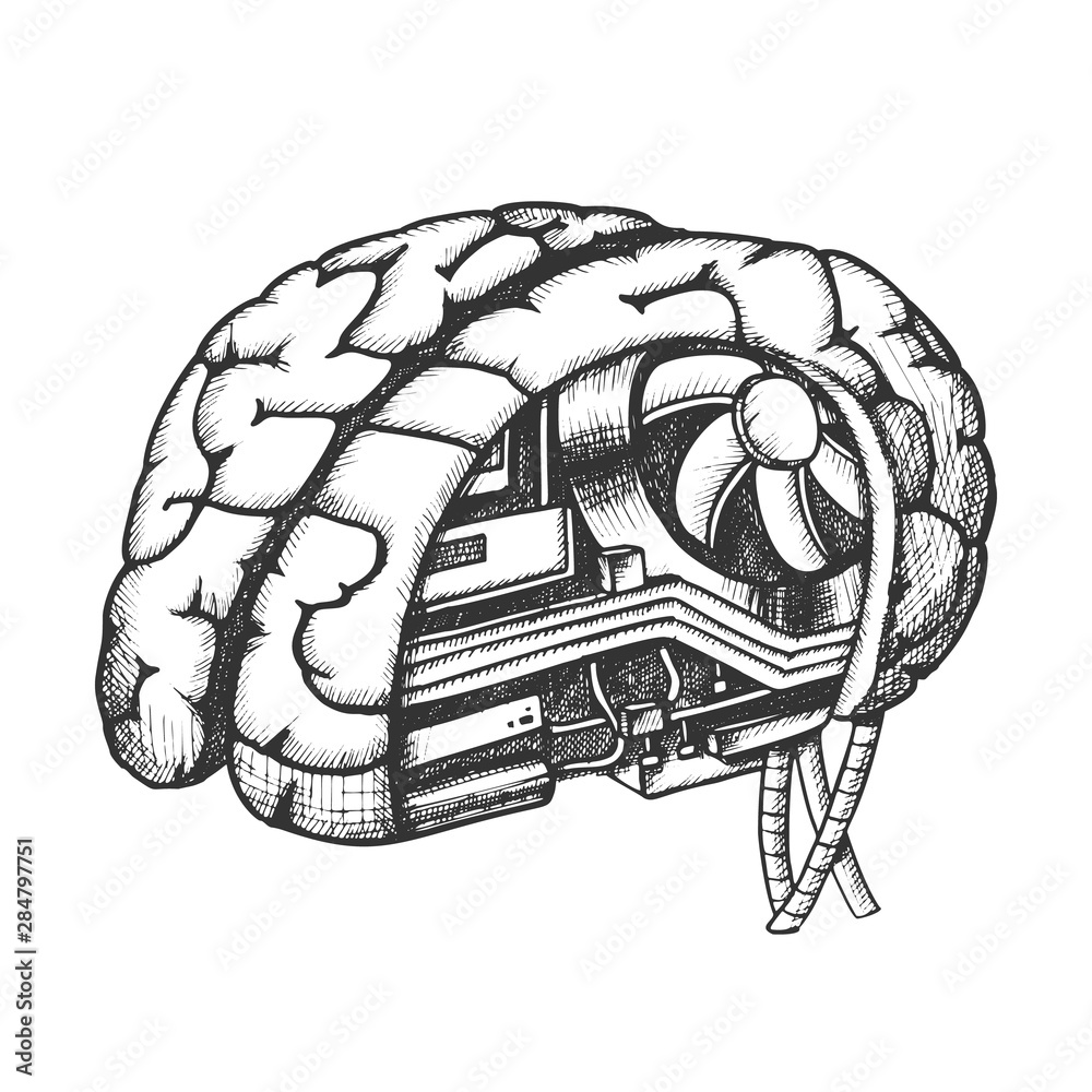 Innovation Computer Chip Brain Monochrome Vector. Artificial Intelligence Concept In Human Brain ...