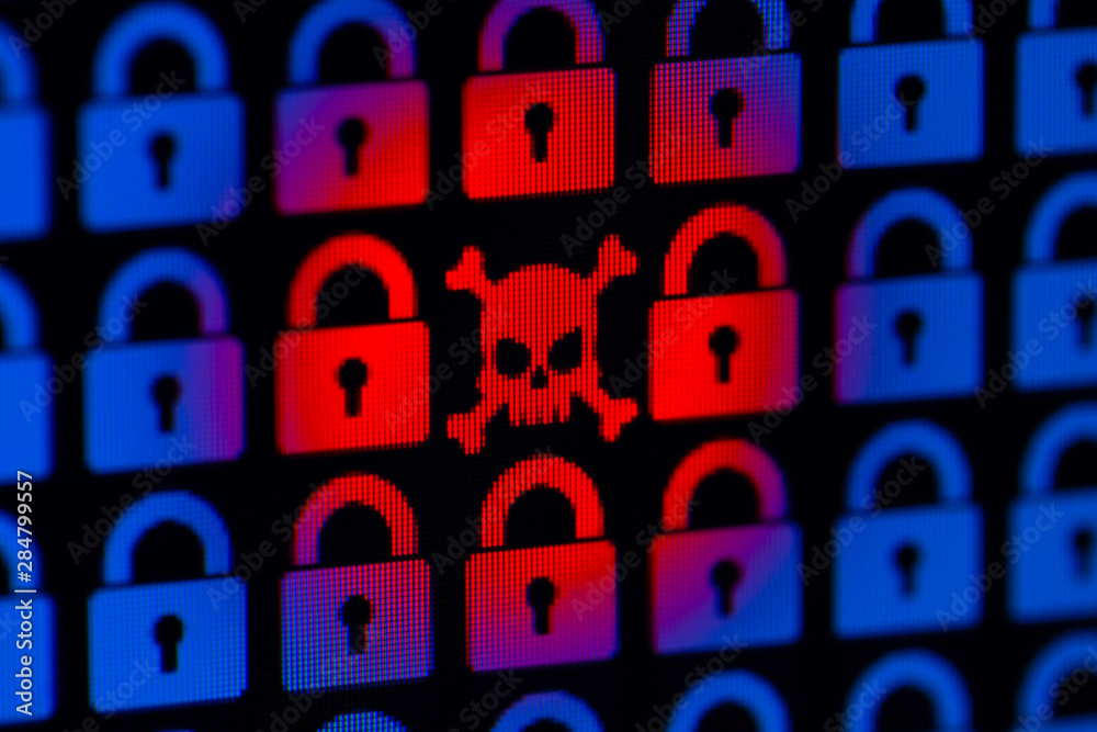 Skull and bone as a symbol of hacking programs or personal information and data. Cyber crime ...