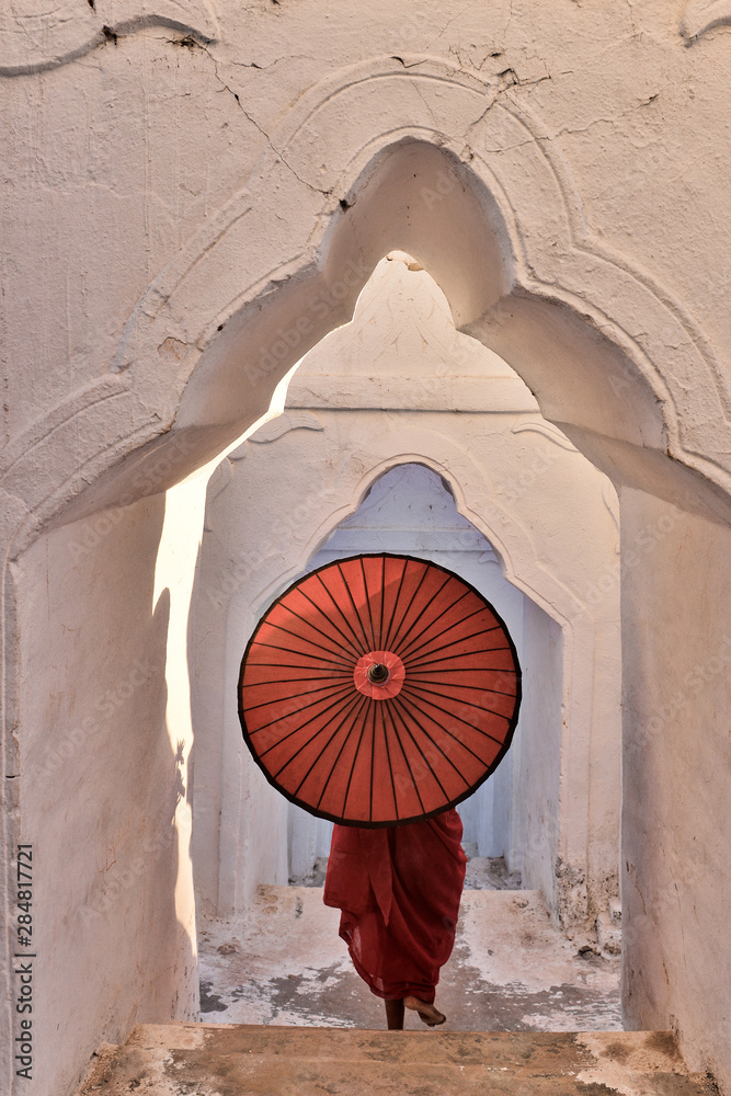 novice buddhist monks with red traditional robes holding red umbrellas ...