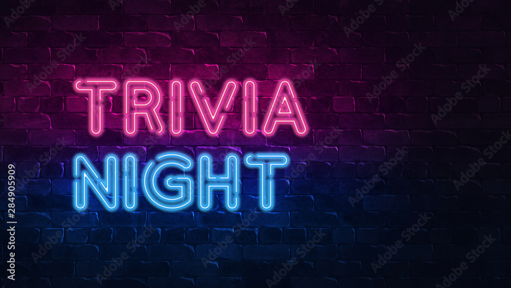 trivia night neon sign. purple and blue glow. neon text. Brick wall lit ...