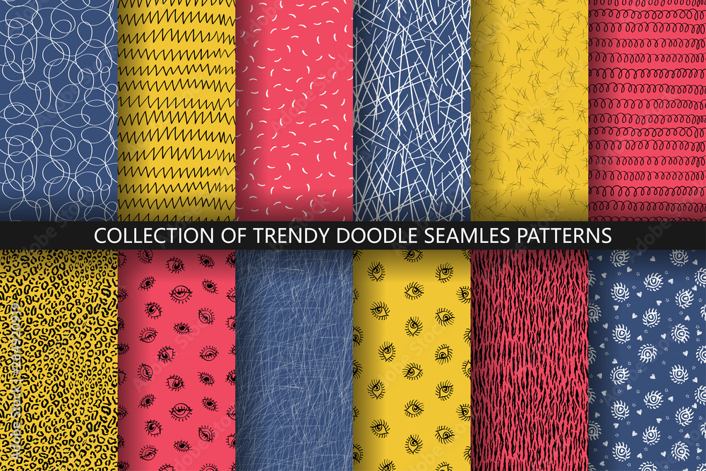 Set of color seamless trendy hand-drawn patterns. Vector modern ...