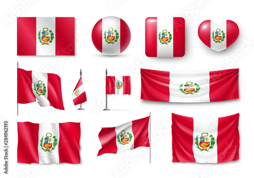Various flags of Peru independent country set. Realistic waving ...
