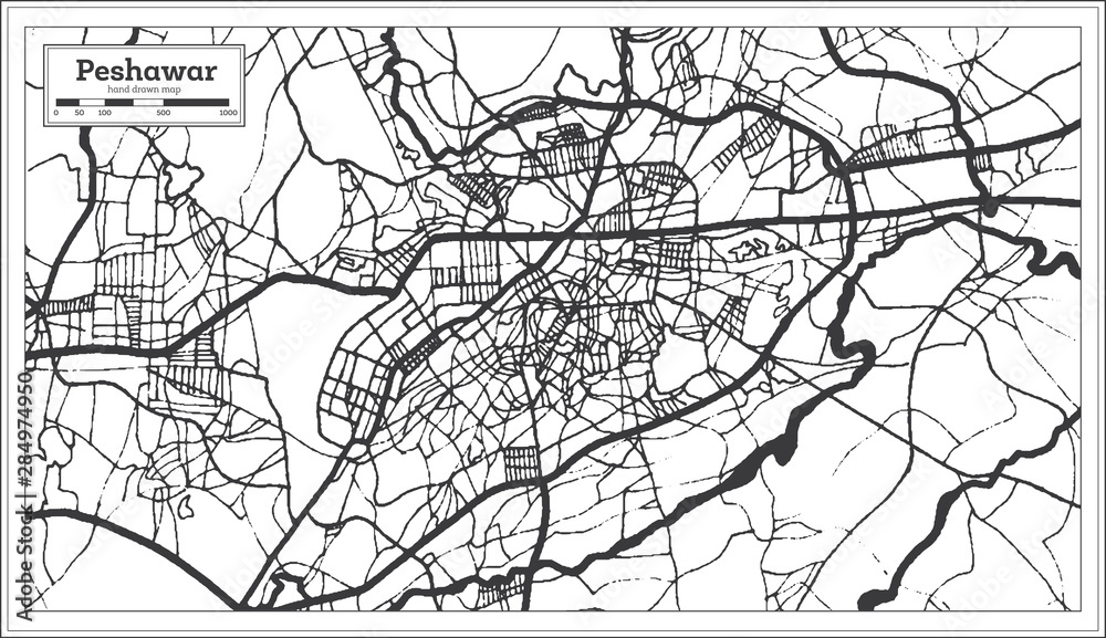 Peshawar Pakistan City Map in Retro Style in Black and White Color ...