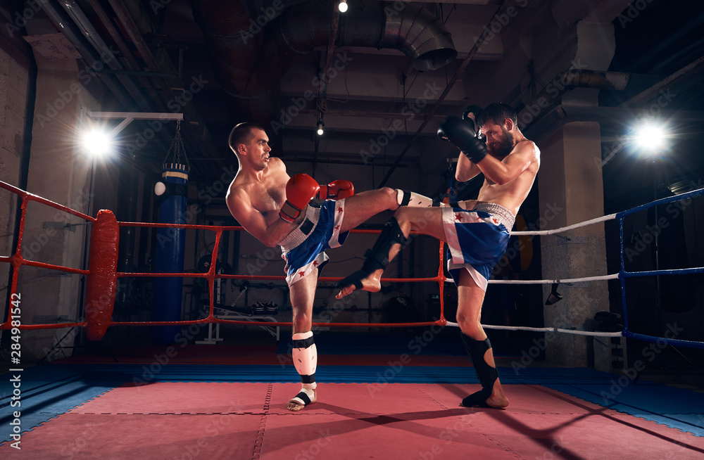 Two adult sportsmen kickboxers exercising kickboxing in the ring at the ...
