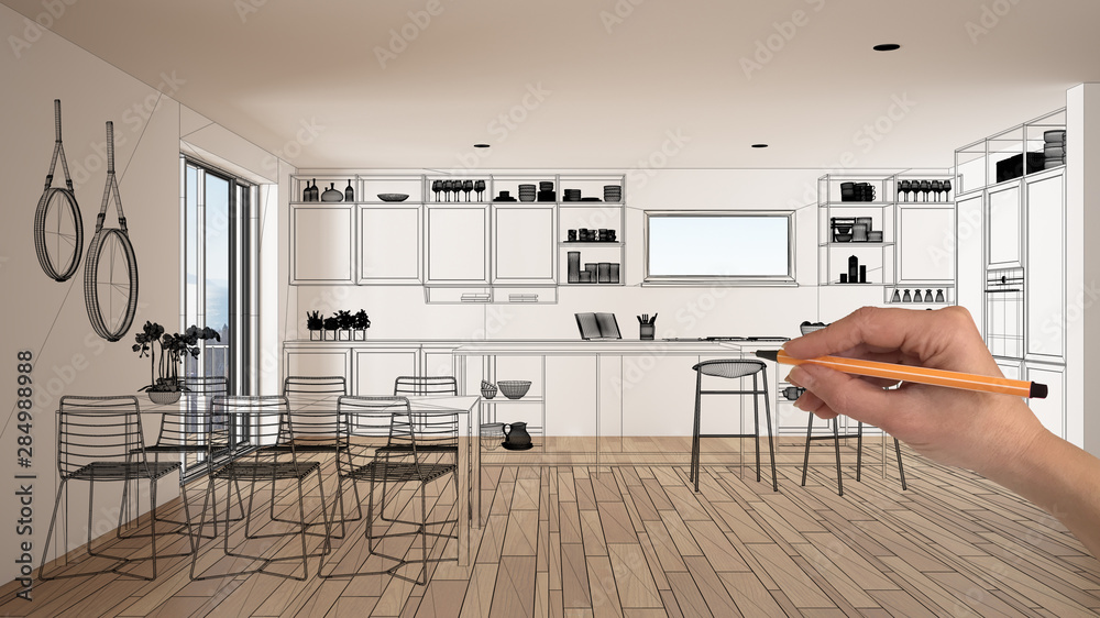 Empty white interior with parquet floor and big panoramic window, hand ...