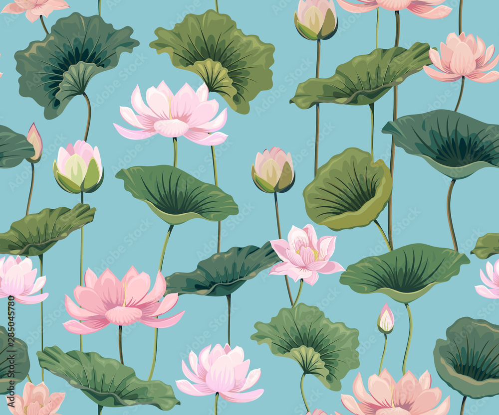 Seamless pattern with pink lotus Stock Vector | Adobe Stock