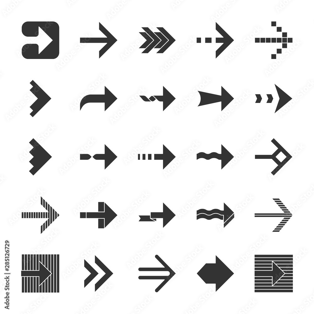 Arrow types glyph icons set. Wavy, notched, striped double, arrowheads ...