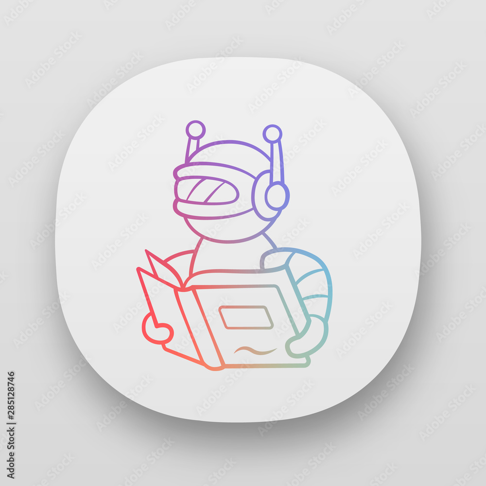 Text reading bot app icon. Screen reader application. Virtual assistant. Robot with book ...