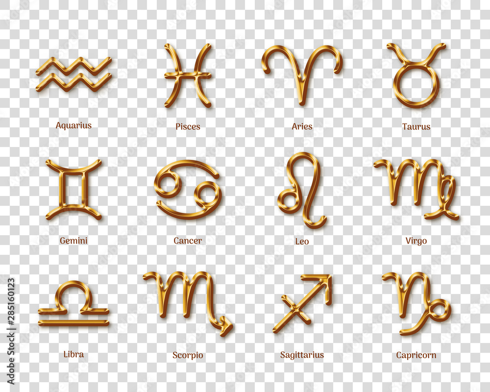 Golden zodiac symbols with shadow isolated on transparent background ...