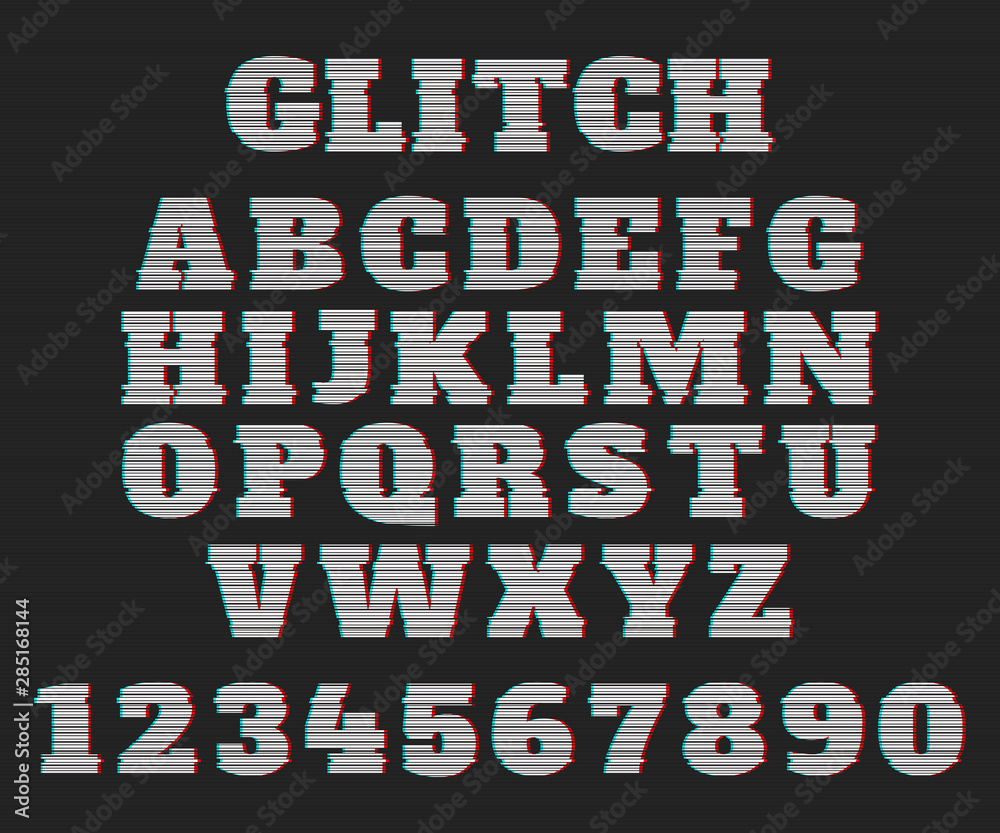 Glitch font. Latin distorted letters from A to Z and numbers from 0 to ...