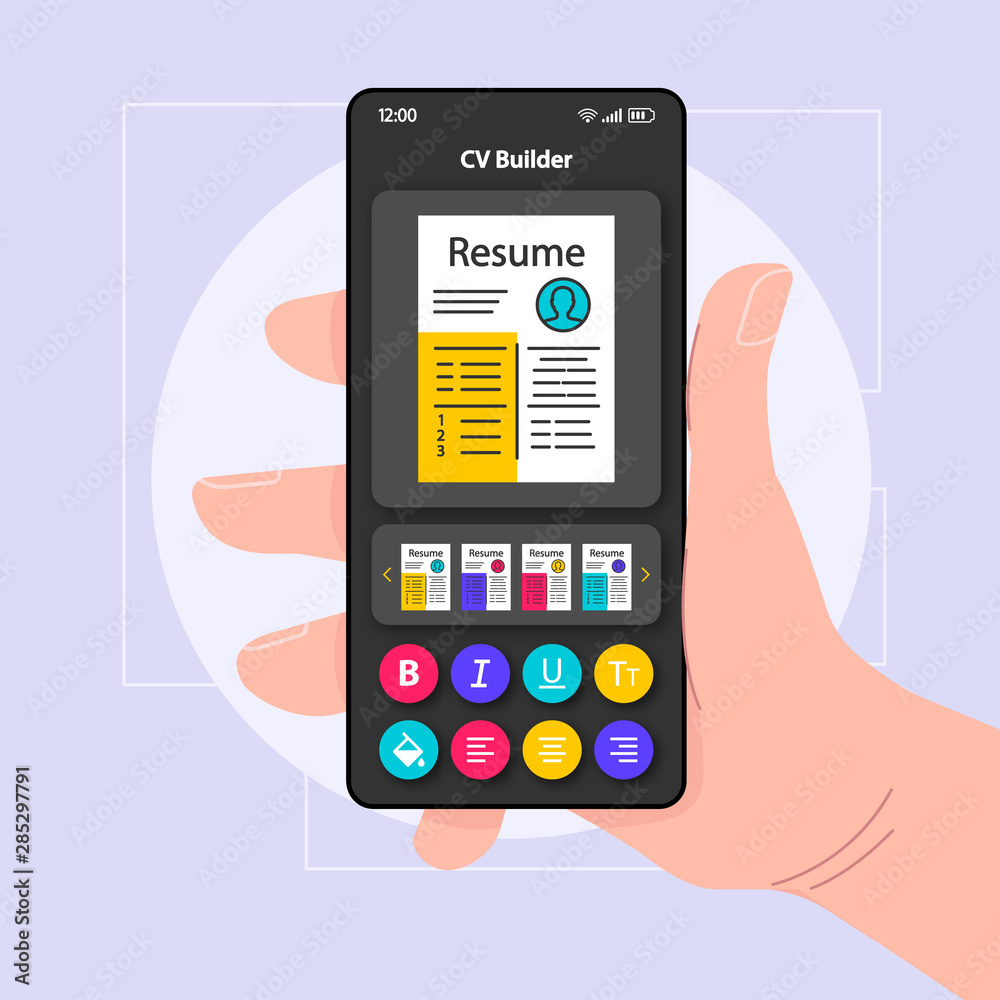 CV builder smartphone interface vector template. Mobile app page color ...