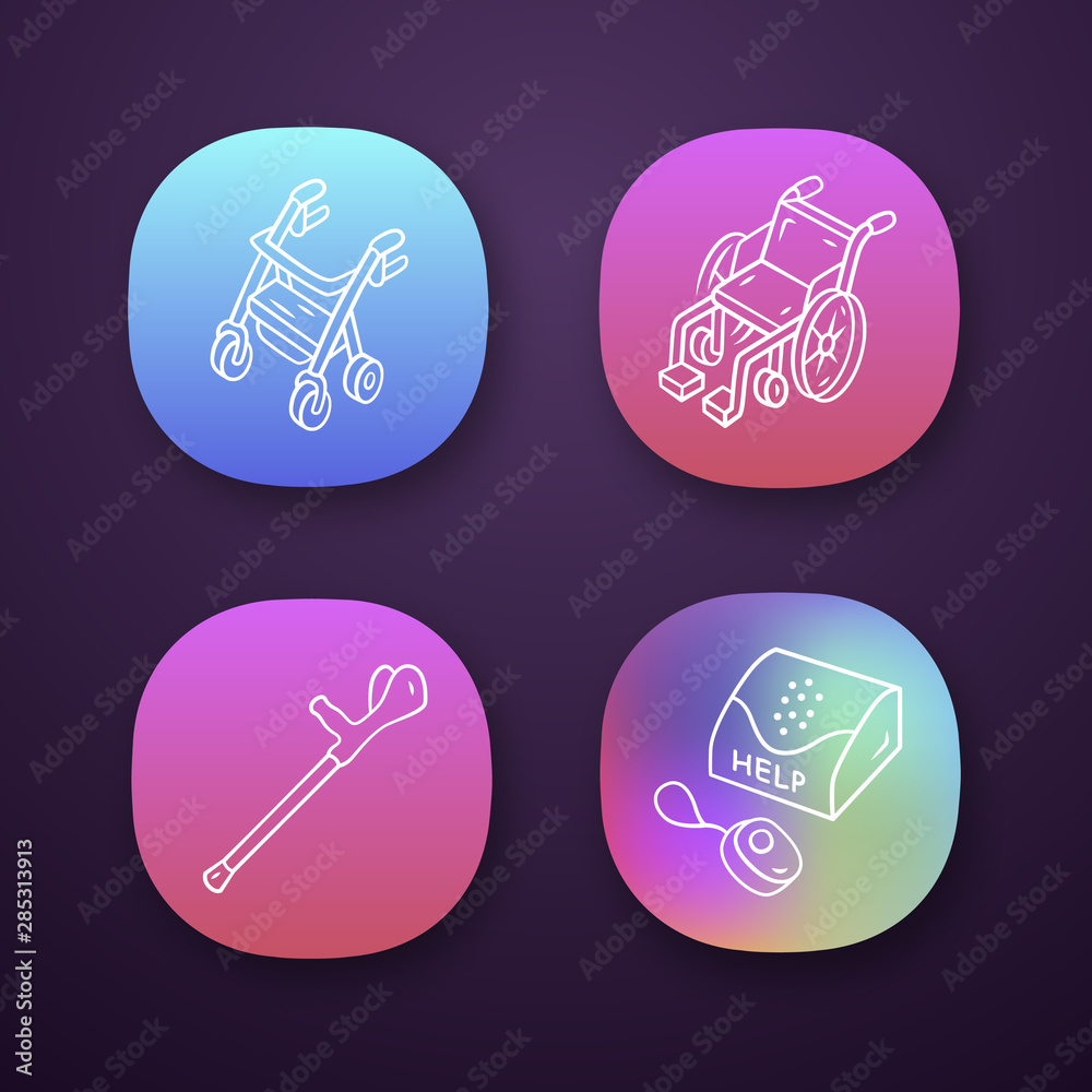 Disabled devices app icons set. Rollator, manual wheelchair, forearm ...