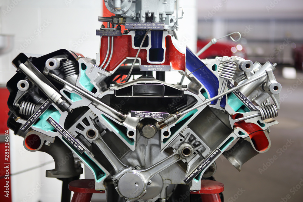 Photo Stock Engine split in half to display internal parts and ...