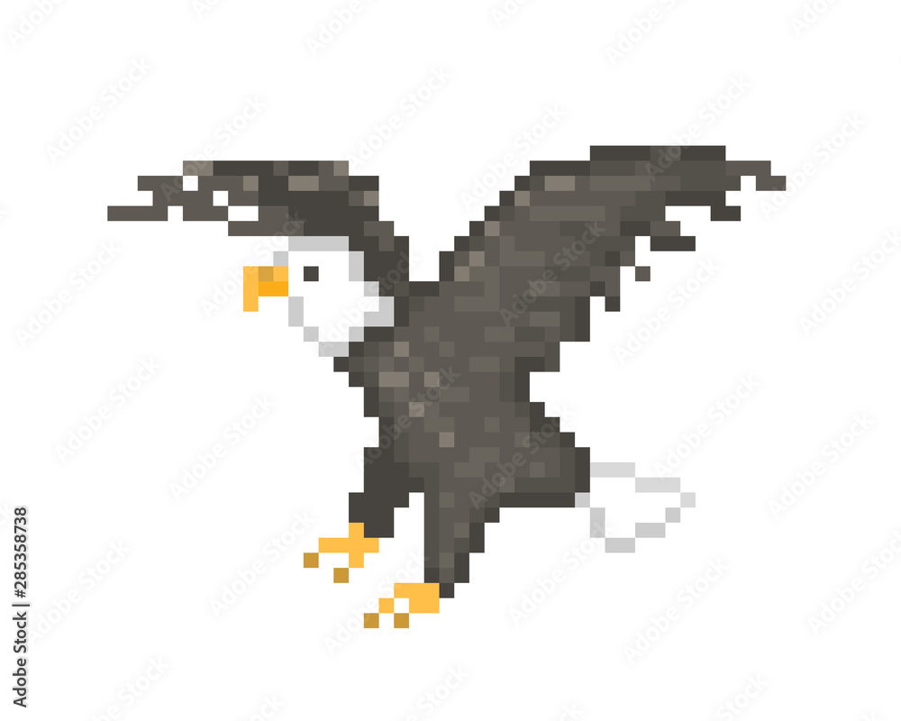 Flying eagle with spread wings, pixel art character isolated on white background. 8 bit wildlife ...