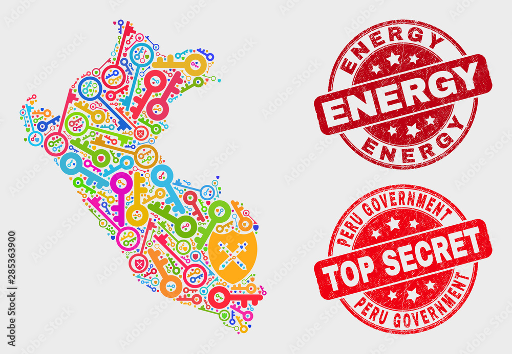 Shield Peru map and seal stamps. Red round Top Secret and Energy ...