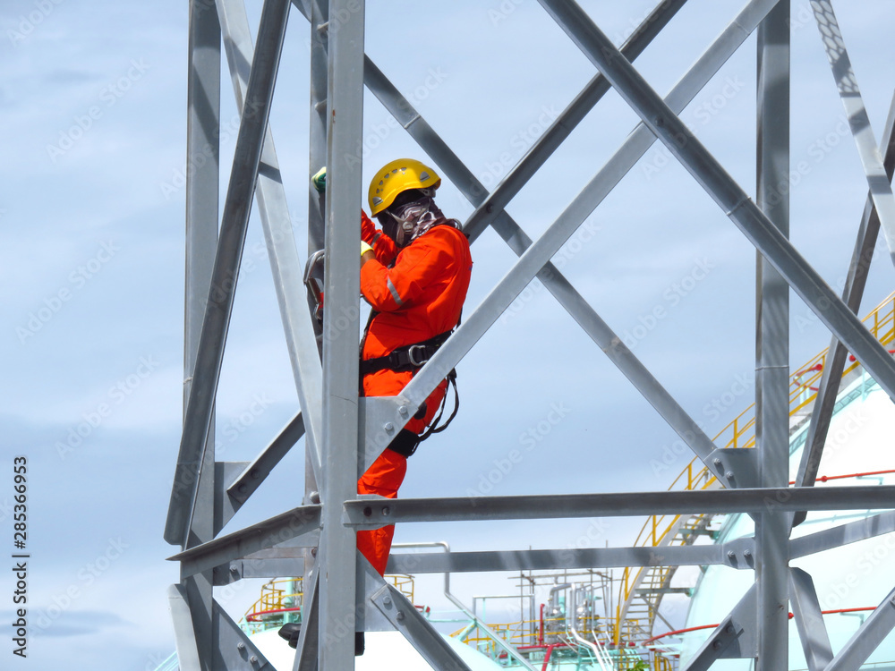 Man Working on the Working at height. Professional industrial climber ...