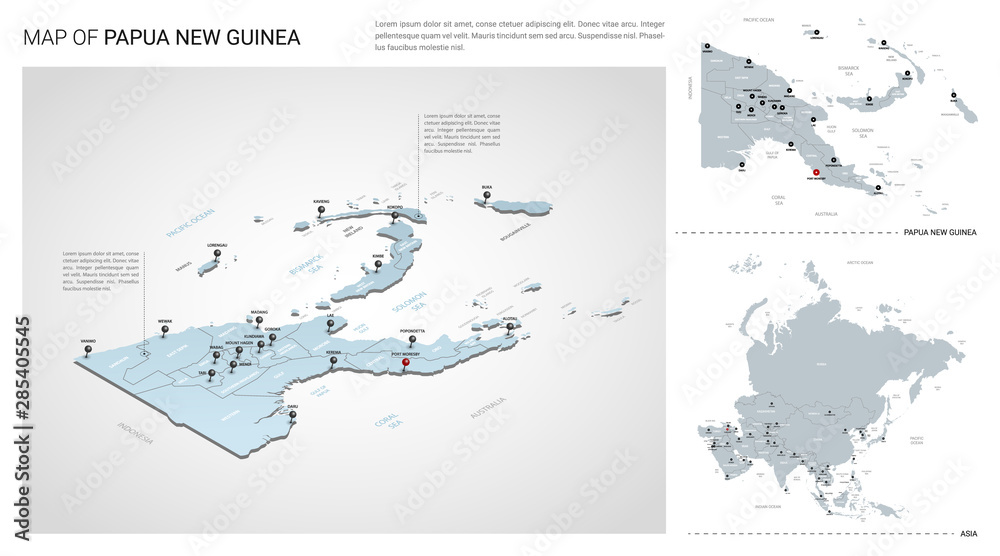 Vector set of Papua New Guinea country. Isometric 3d map, Papua New ...