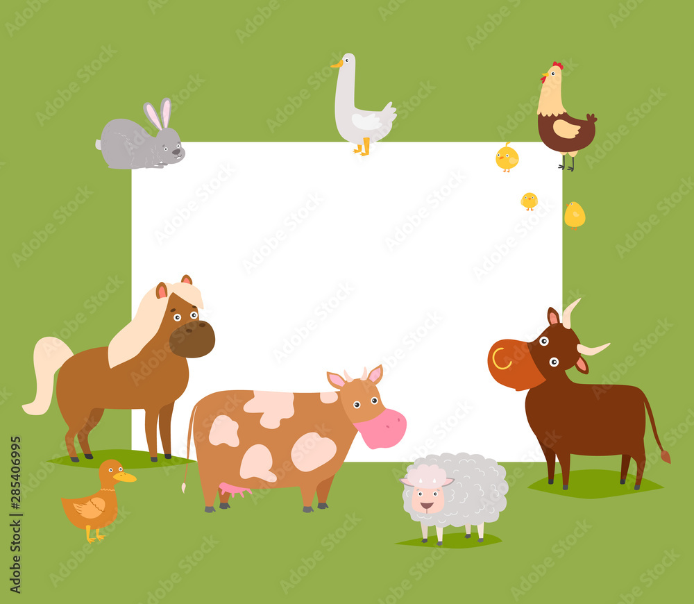 Farm animals vector frame illustration. Cow, hourse, chicken and duck ...