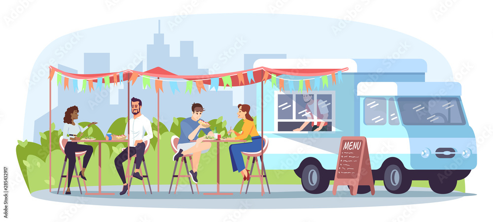 Street food cafe flat vector illustration. Ready takeaway meal ...