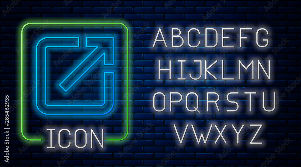 Glowing neon Open in new window icon isolated on brick wall background. Open another tab button ...