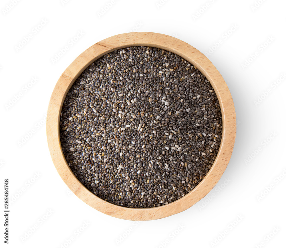 Chia seeds in wooden bowl isolated on white background. top view Stock ...