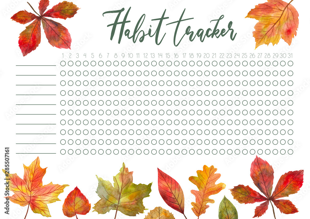 tracker habits for a month with watercolor autumn leaves. planner with ...