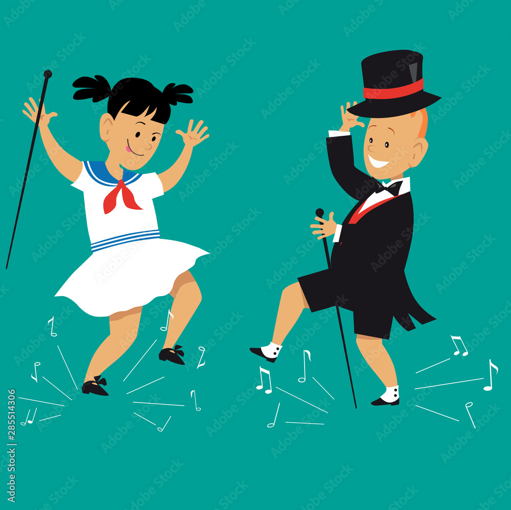 Cute cartoon kids tap dancing in vintage outfits, with canes and top ...