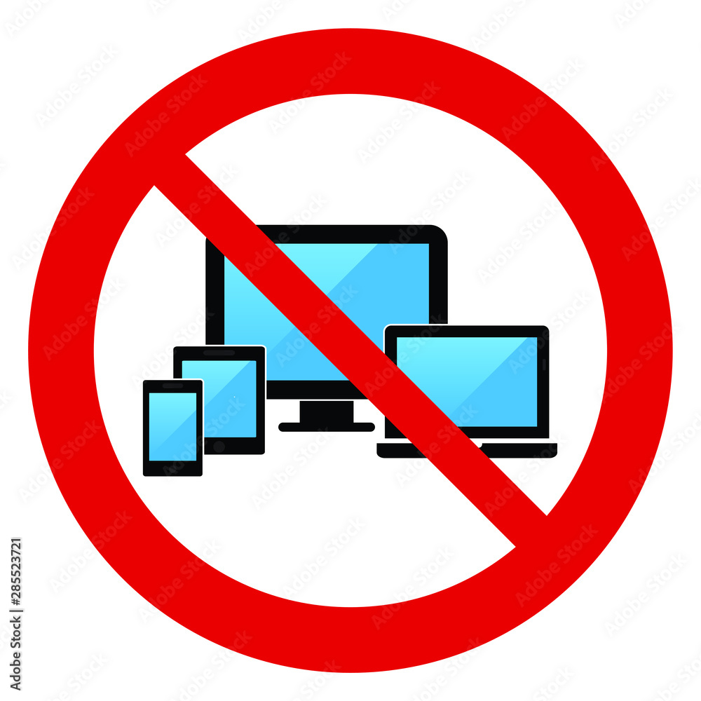 No Smart Devices. Not allow tablet, laptop, notebook and mobile phone sign. The red circle ...