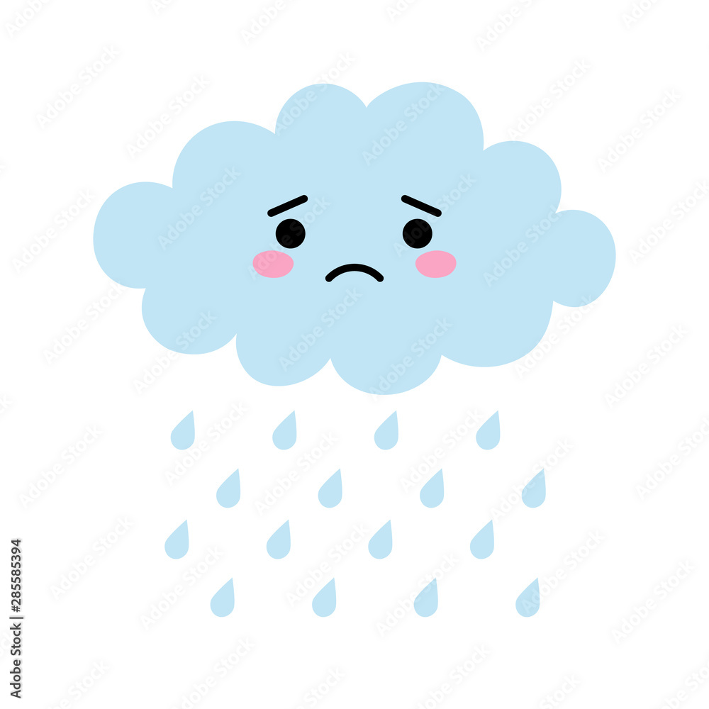 Cute cartoon kawaii blue cloud with rain drops with sad face emotion ...