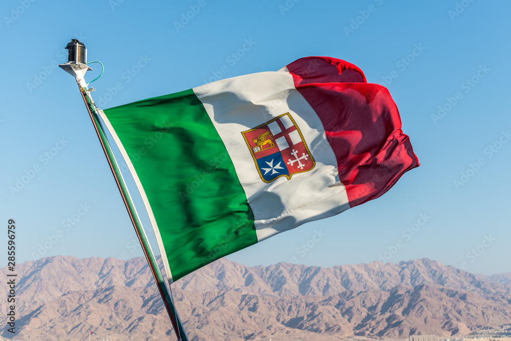 Italian flag in the aft part of a ship Stock Photo | Adobe Stock
