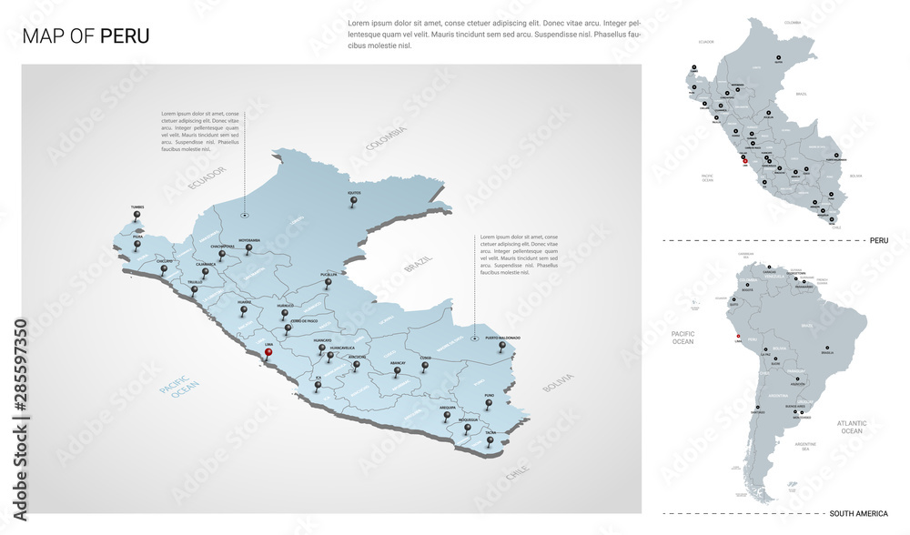 Vector set of Peru country. Isometric 3d map, Peru map, South America ...