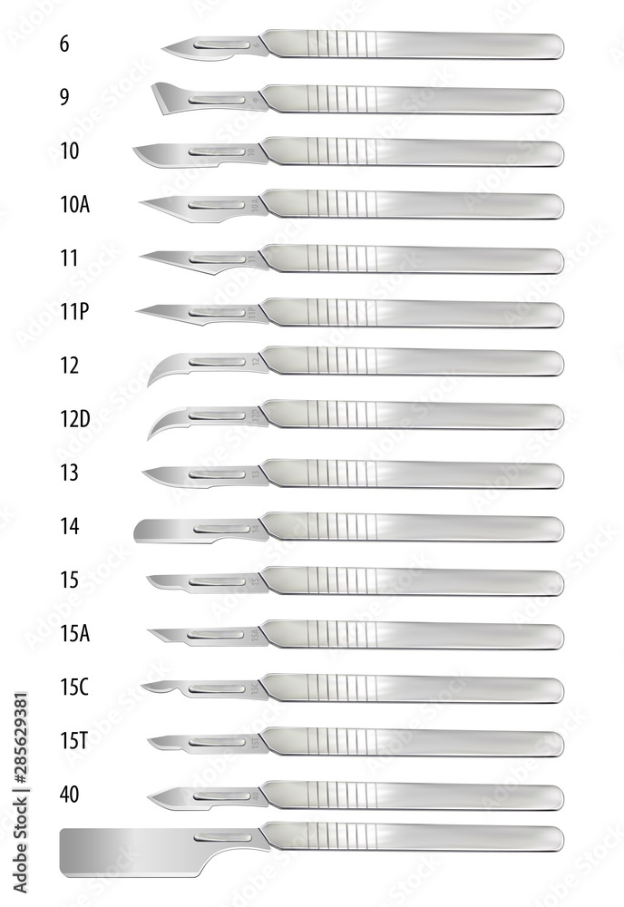 Set of surgical scalpels with detachable blades of different shapes ...