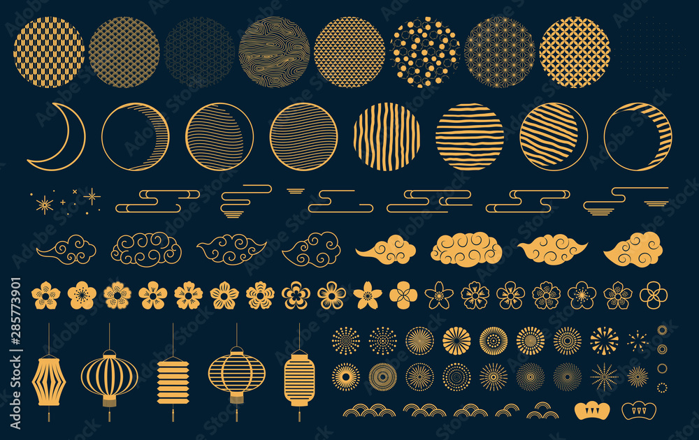 Set of gold decorative elements in oriental style with moon, stars ...