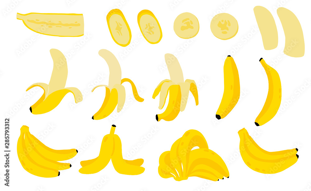 Cute banana fruit object collection.Whole, cut in half, sliced on ...