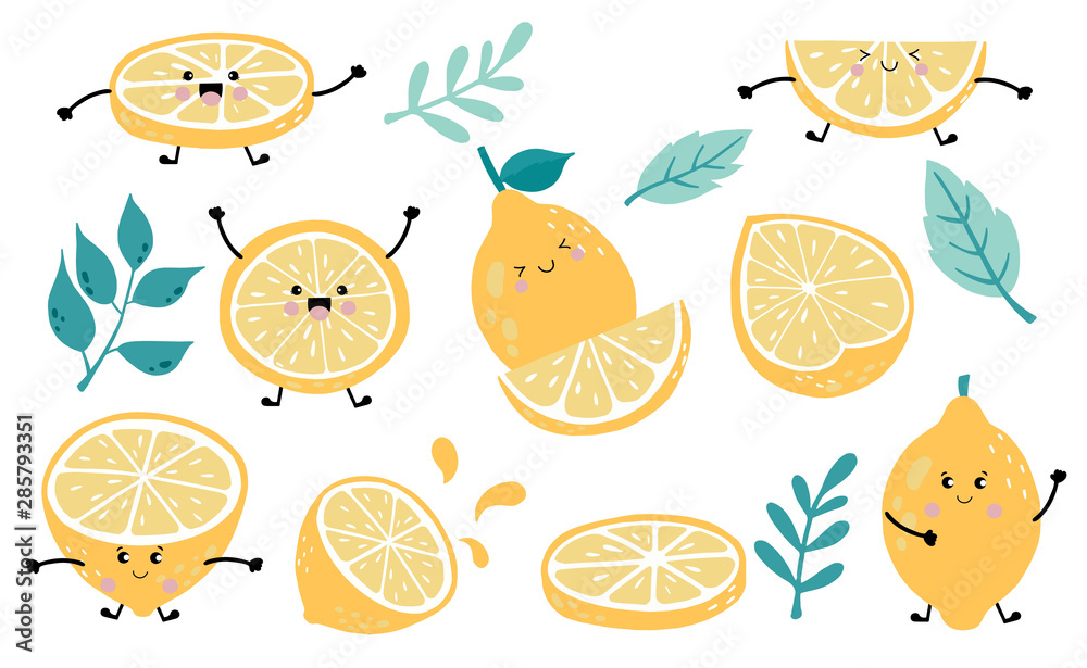 Cute lemon,citrus object collection.Whole, cut in half, sliced on ...