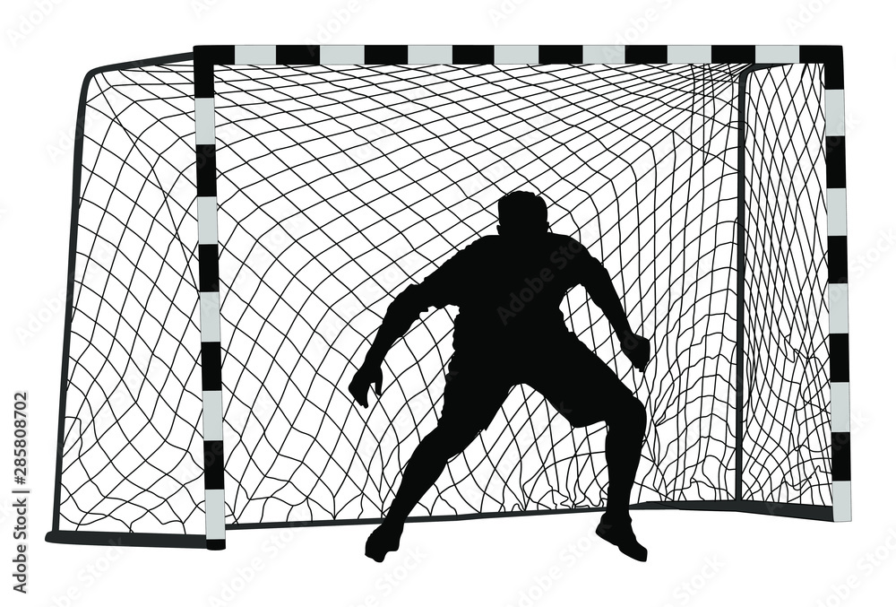 Soccer goalkeeper in front of goal net vector silhouette. Handball ...